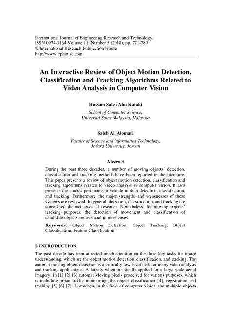 PDF An Interactive Review Of Object Motion Detection Classification And Tracking Algorithms