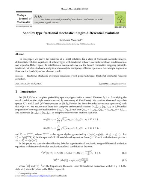 Pdf Sobolev Type Fractional Stochastic Integro Differential Evolution