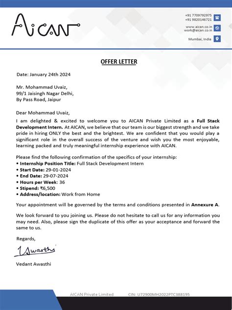 Mohammad Uvaiz Internship Offer Letter Pdf