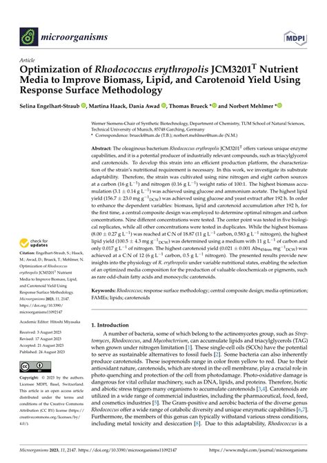 Pdf Optimization Of Rhodococcus Erythropolis Jcm3201t Nutrient Media To Improve Biomass Lipid