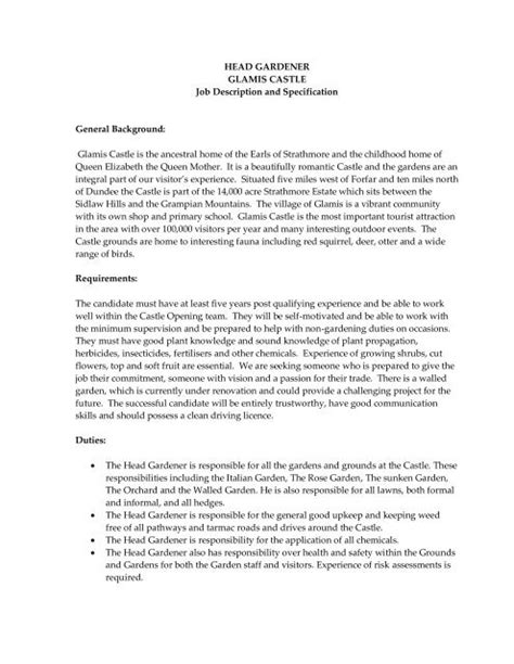 HEAD GARDENER GLAMIS CASTLE Job Description And