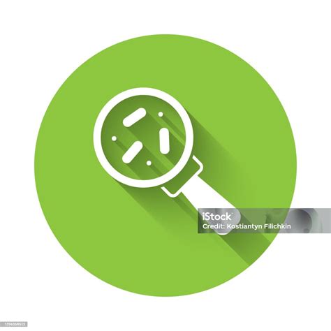 긴 그림자로 격리 된 돋보기 아이콘 아래 흰색 미생물 박테리아와 세균 세포암 미생물 바이러스 곰팡이 녹색 원 버튼입니다 벡터 건강 진단에 대한 스톡 벡터 아트 및 기타