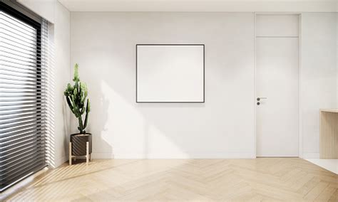 현대적인 일본디 스타일의 거실 인테리어 디자인과 베이지 색 벽 아파트 및 창문에서 햇빛에 빈 그림 프레임 3d 렌더링 가정의 방에 대한 스톡 사진 및 기타 이미지 Istock
