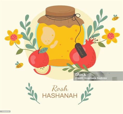 로쉬 하샤나 인사말 카드 유대인의 새해 꿀과 사과 석류 수콧 유대인 휴일 플랫 일러스트레이션 유대교 신년제에 대한 스톡 벡터 아트 및 기타 이미지 Istock
