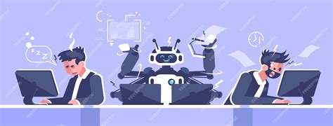 Premium Vector Ai Office Worker Flat Vector Illustration Robotic Employee Vs Stressed Human