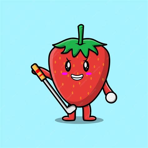 개념 평면 만화 스타일 그림에서 골프를 치는 귀여운 만화 딸기 캐릭터 프리미엄 벡터