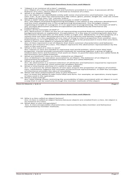 Important Questions Class And Objects Pdf Object Oriented