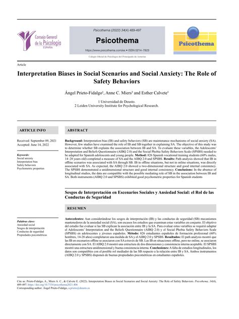 pdf interpretation biases in social scenarios and social anxiety the