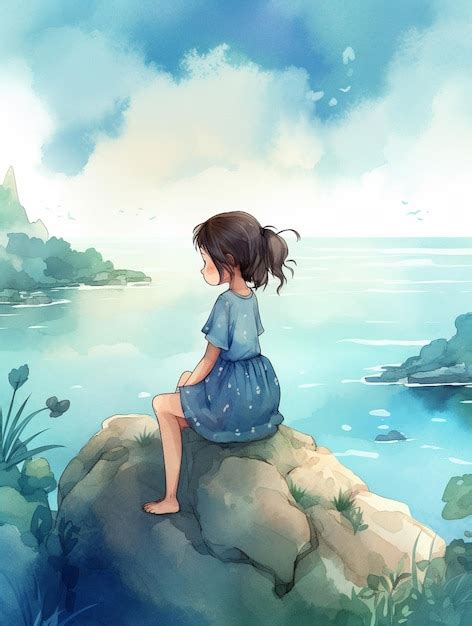 Chica Anime Sentada En Una Roca Mirando Hacia El Agua Ai Generativo Foto Premium