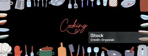 수평 배너의 주방 용품 세라믹 접시 머그잔 컵 와인 잔 프라이팬 체 소쿠리 요리 장갑 강철 강판 롤링 핀 가정 생활에 대한 스톡 벡터 아트 및 기타 이미지 Istock