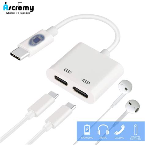 Ascromy Dual Usb C Splitter Adapter Type C Male To Type C Audio Headphone Charging Port