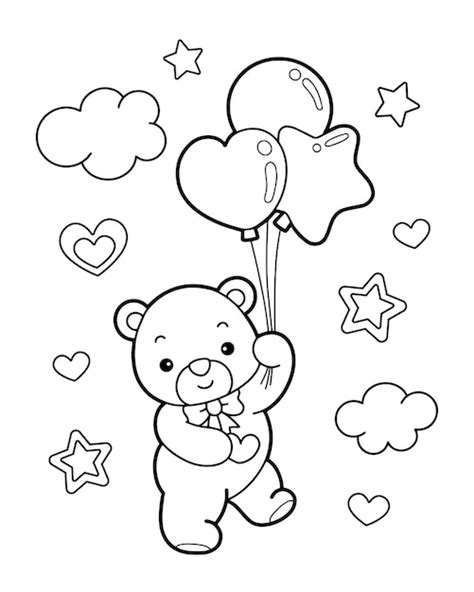 테디 베어 풍선 색칠 페이지 그림 프리미엄 벡터