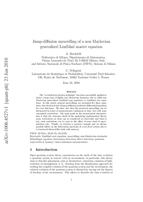 Pdf Jump Diffusion Unravelling Of A Non Markovian Generalized Lindblad Master Equation