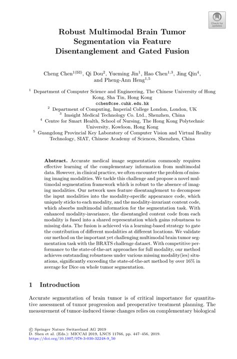 Pdf Robust Multimodal Brain Tumor Segmentation Via Feature