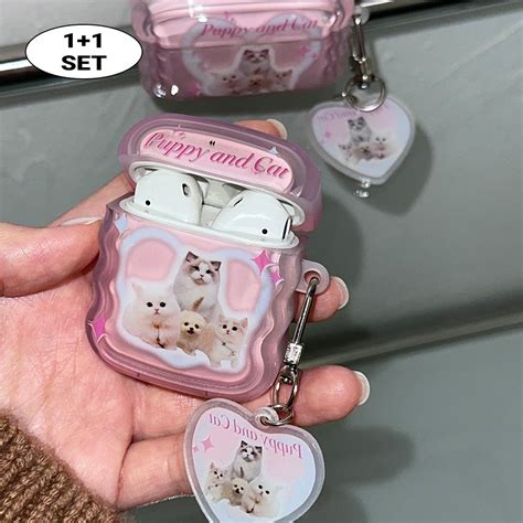 아울러마켓 퍼피캣 키링 세트 핑크 투명 에어팟케이스