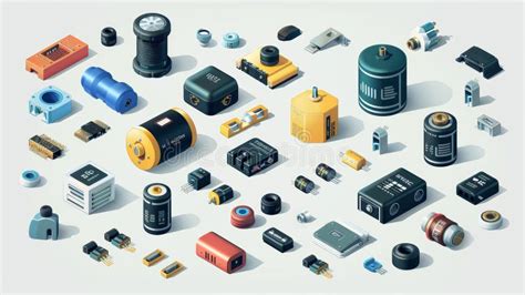 An Isometric Illustration Of Various Electronic Components Including Resistors Capacitors And