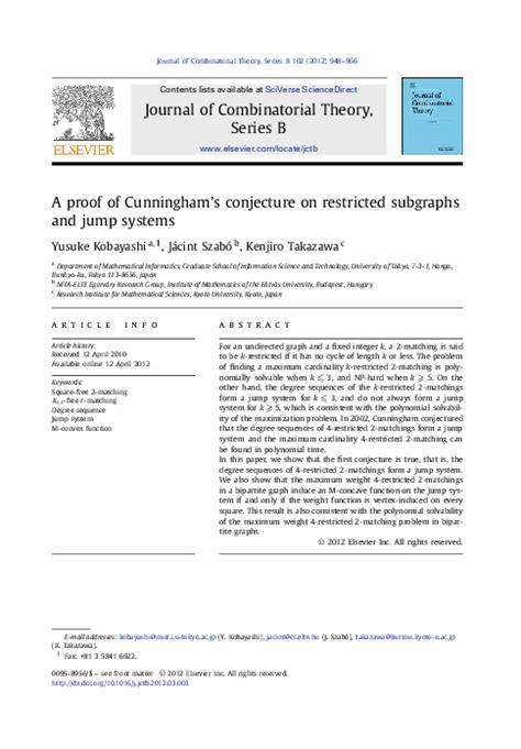 Pdf A Proof Of Cunninghamʼs Conjecture On Restricted Subgraphs And Jump Systems