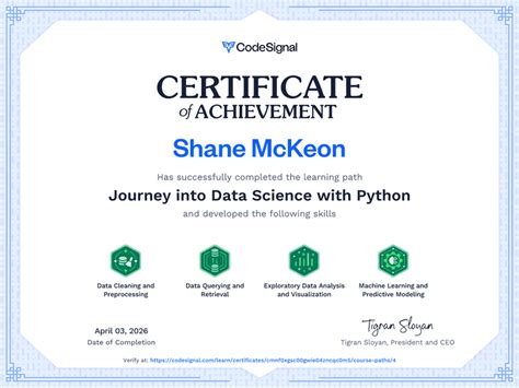 Path Certificate For Journey Into Data Science With Python Codesignal