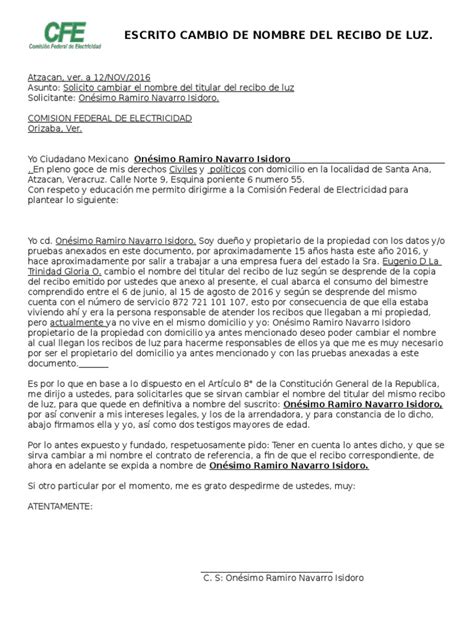 Escrito Cambio De Nombre Del Recibo De Luz Pdf