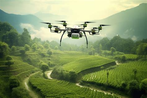 agricultural drones scan fertilizer spraying areas in green tea fields