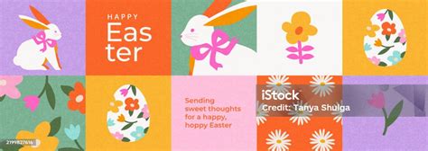 봄 꽃 부활절 달걀 및 부활절 토끼로 만든 완벽한 테두리가 있는 행복한 부활절 인사말 카드 수평 포스터 휴일 표지 또는 웹 배너 디자인 템플릿 트렌디하고 귀여운 플랫 스타일