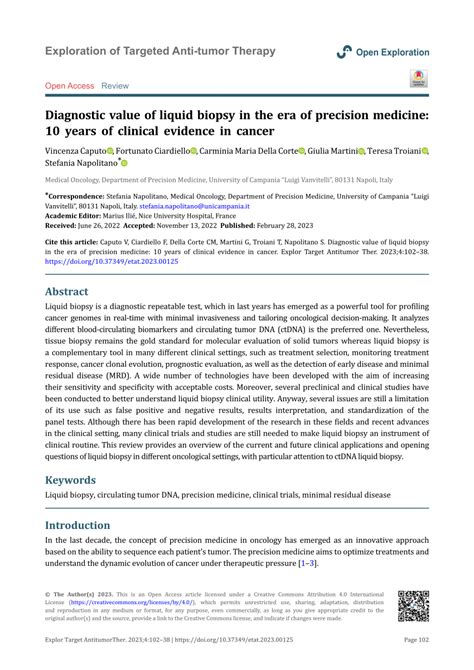 Pdf Diagnostic Value Of Liquid Biopsy In The Era Of Precision