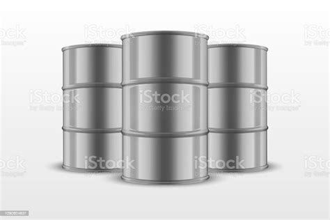 벡터 3d 사실적 일러스트레이션 회색 강철 간단한 세 광택 금속 오일 연료 가솔린 에나멜 배럴 은 흰색 배경에 고립 된 클로즈업을 설정합니다 모형을 위한 포장의 디자인