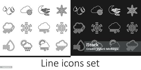 비 눈송이 안개와 달 번개 물 방울 바람이 부는 날씨와 눈 아이콘라인 구름을 설정합니다 벡터 0명에 대한 스톡 벡터 아트 및 기타 이미지 Istock