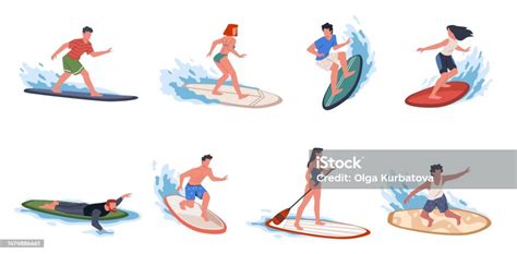 비치 서퍼 행복한 젊은 운동 선수는 보드 여름 해변 익스트림 바다 스포츠 활동적인 사람들이 바다를 서핑 수영복을 입은 남녀 요즘 벡터 만화 평면 세트로 파도를 해부합니다