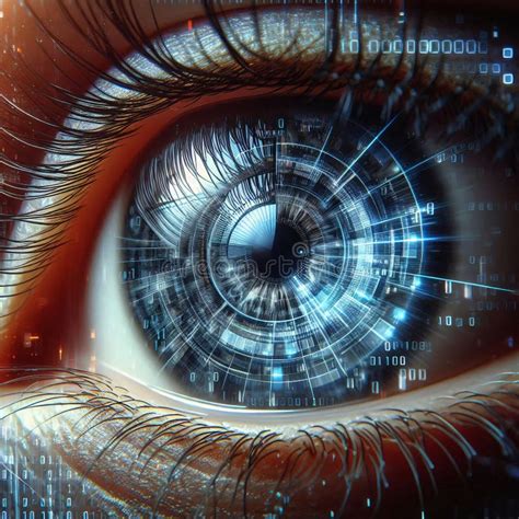A Striking Blue Eye With Digital Code And Glowing Technological