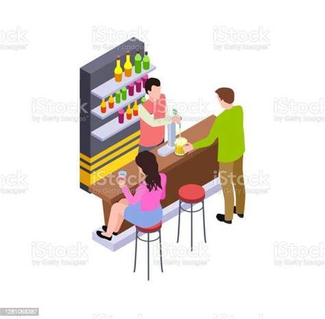 나이트 바 와인 맥주 한 잔을 가진 남자 와인을 마시는 여자 바텐더는 음료를 흘리고 있다 Isomentric 바 카운터 클럽 벡터 일러스트레이션 날짜 3차원 형태에 대한