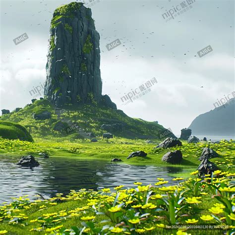 Ai创作图写实风游戏景观设计 3d悬浮小山 写实风景合成 山峰奇峰小溪 草地假山草地 险峻奇石山峰奇峰 漂浮在空中的神秘岛屿 3d梦幻小岛