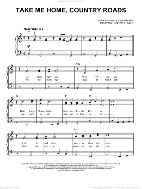 Take Me Home Country Roads Easy Sheet Music For Piano Solo