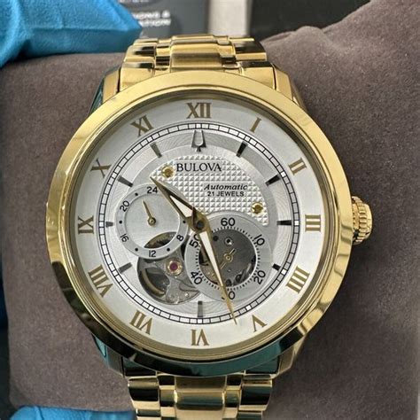 Bulova 97a108 Automatic 21 Jewels Skeleton Dial Gold Tone Mens Watch