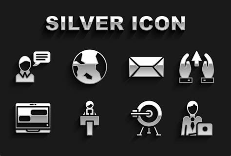 무대 스탠드 또는 트리뷴 성장 차트 진행률 사업가 화살표가 있는 대상 노트북의 채팅 메시지 봉투 말풍선 채팅 및 지구 지구 아이콘을 설정합니다 벡터 Brand Name