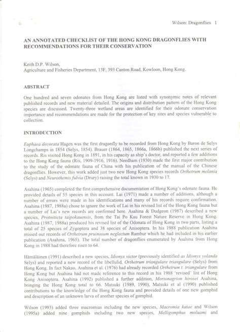 Pdf An Annotated Checklist Of The Hong Kong Dragonflies With Recommendations For Their