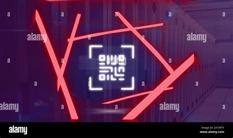 Image Of Neon Qr Code Scanner And Data Processing Against Computer