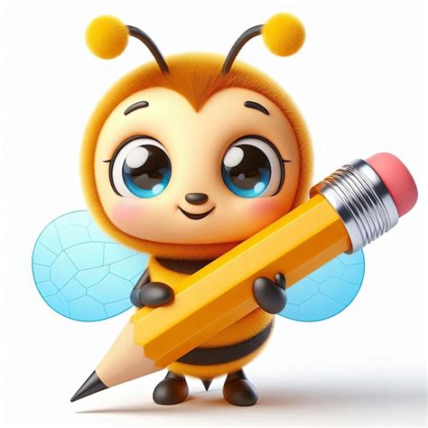 Cute Honey Bee Holding Pencil Cartoon 3d Premium Ai Generated Image