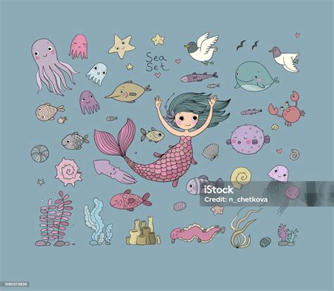 해양 그림을 설정합니다 작은 귀여운 만화 인 어 재미 있는 물고기 낙 지 다른 조류 바다 테마입니다 0명에 대한 스톡 벡터 아트 및 기타 이미지 Istock