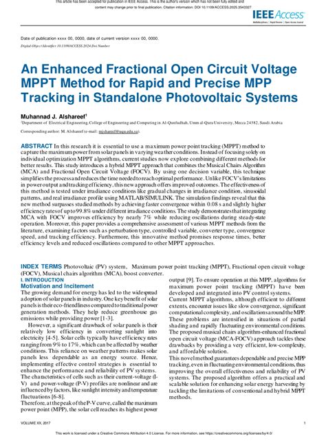 Pdf An Enhanced Fractional Open Circuit Voltage Mppt Method For Rapid