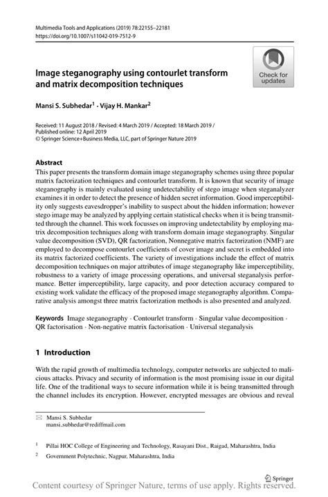 Image Steganography Using Contourlet Transform And Matrix Decomposition Techniques Request Pdf