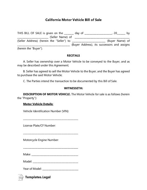 California Bill Of Sale Templates [free] Word Pdf Odt