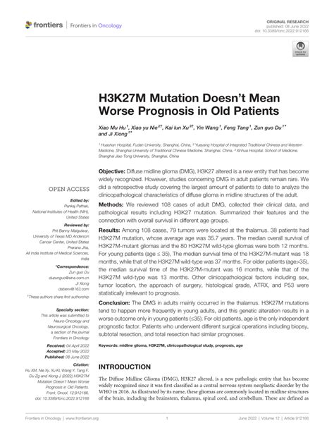 Pdf H3k27m Mutation Doesnt Mean Worse Prognosis In Old Patients