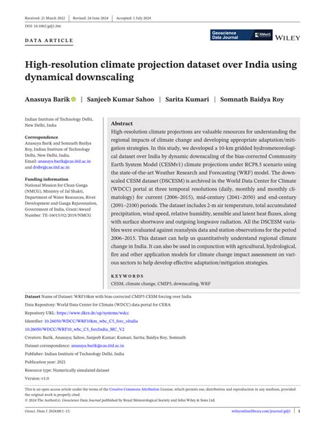 Pdf High‐resolution Climate Projection Dataset Over India Using Dynamical Downscaling