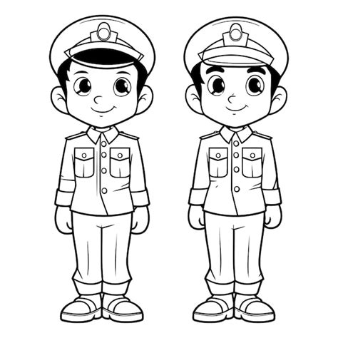 소년과 소녀 경찰 캐릭터의 흑백 만화 일러스트레이션 프리미엄 벡터