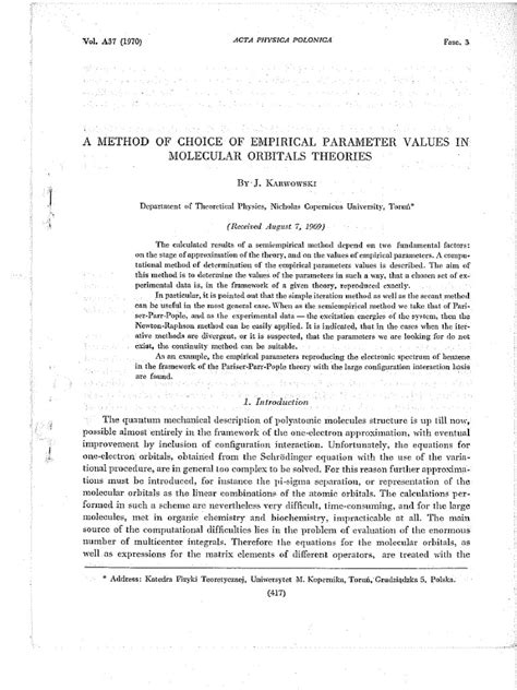 1970 App A Method Of Choice Of Empirical Parameter Values In Molecular Orbital Methods Pdf