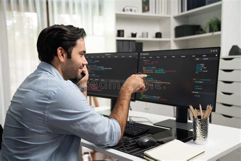 Developer Calling Coworker Solving Problem Coding System Pc Surmise