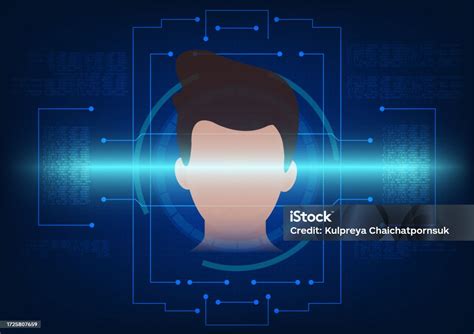 기술 요소와 숫자 코드를 사용한 얼굴 스캐닝 기술 얼굴 Id 스캔을 사용하여 데이터 시스템에 들어가는 미디어 기술 보안 시스템 감지기에 대한 스톡 벡터 아트 및 기타 이미지