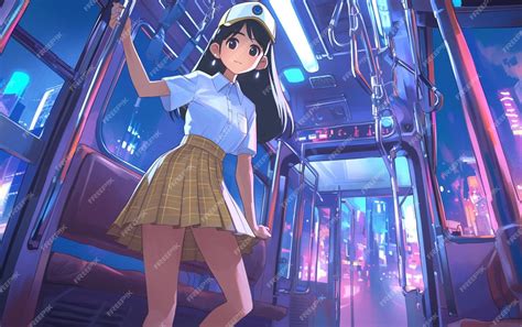 Anime Girl In A Short Skirt Standing On A Bus At Night Generative Ai