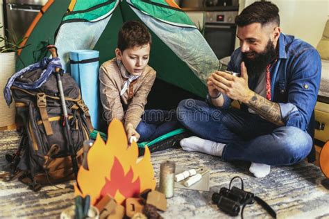 Dad With His Son Camp Inside Their Home Stock Image Image Of Fake